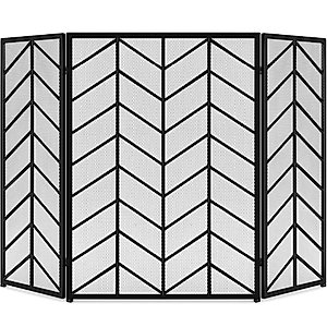 Best Choice Products 52x31in 3 Panel Chevron Fireplace Screen, Mid Century Modern Wrought Iron Hand Crafted Fire Place Guard for Living Room Home Decor, Steel Mesh - Black