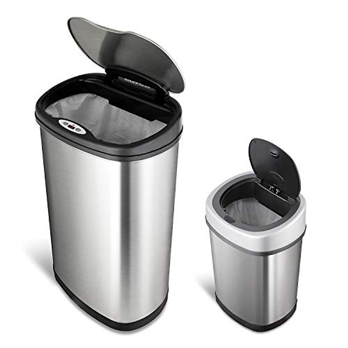 NINESTARS CB-DZT-50-13/12-9 Automatic Touchless Infrared Motion Sensor Trash Can Combo Set, 13 Gal 50L & 3 Gal 12L, Stainless Steel Base (Oval, Silver/Black Lid)