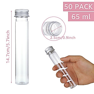WOPPLXY 50 Pcs 65 ml Clear Flat Plastic Test Tubes with Screw Caps, Plastic Candy Tubes with Screw Caps, Bath Salts Test Tubes, Gumball Tubes for Candy,Bath Salts,Spices,Beads Display and Party Decor