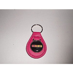 1965 1966 1967 1968 OLDS 442 4-4-2 TRI COLOR LOGO LEATHER KEYCHAIN - MAGENTA