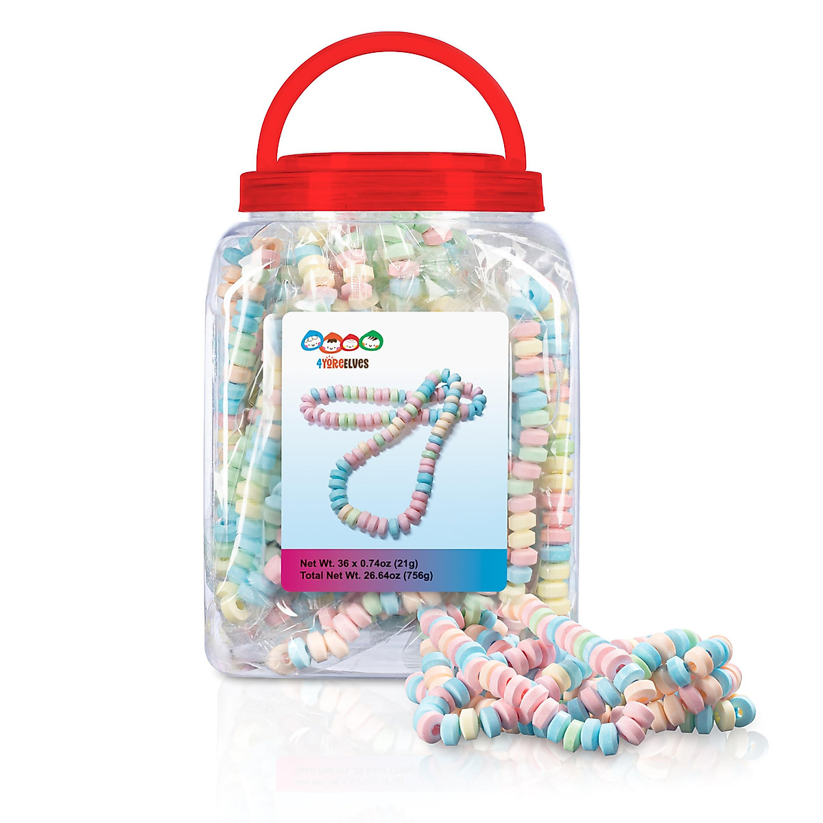 36 Candy Necklaces Individually Wrapped, Choker Style, Nostalgic Pastel Candy Jewelry Perfect for Party Favors, Pinata Fillers and Goodie Bags, Packed in a Convenient Display Tub, By 4YoreElves