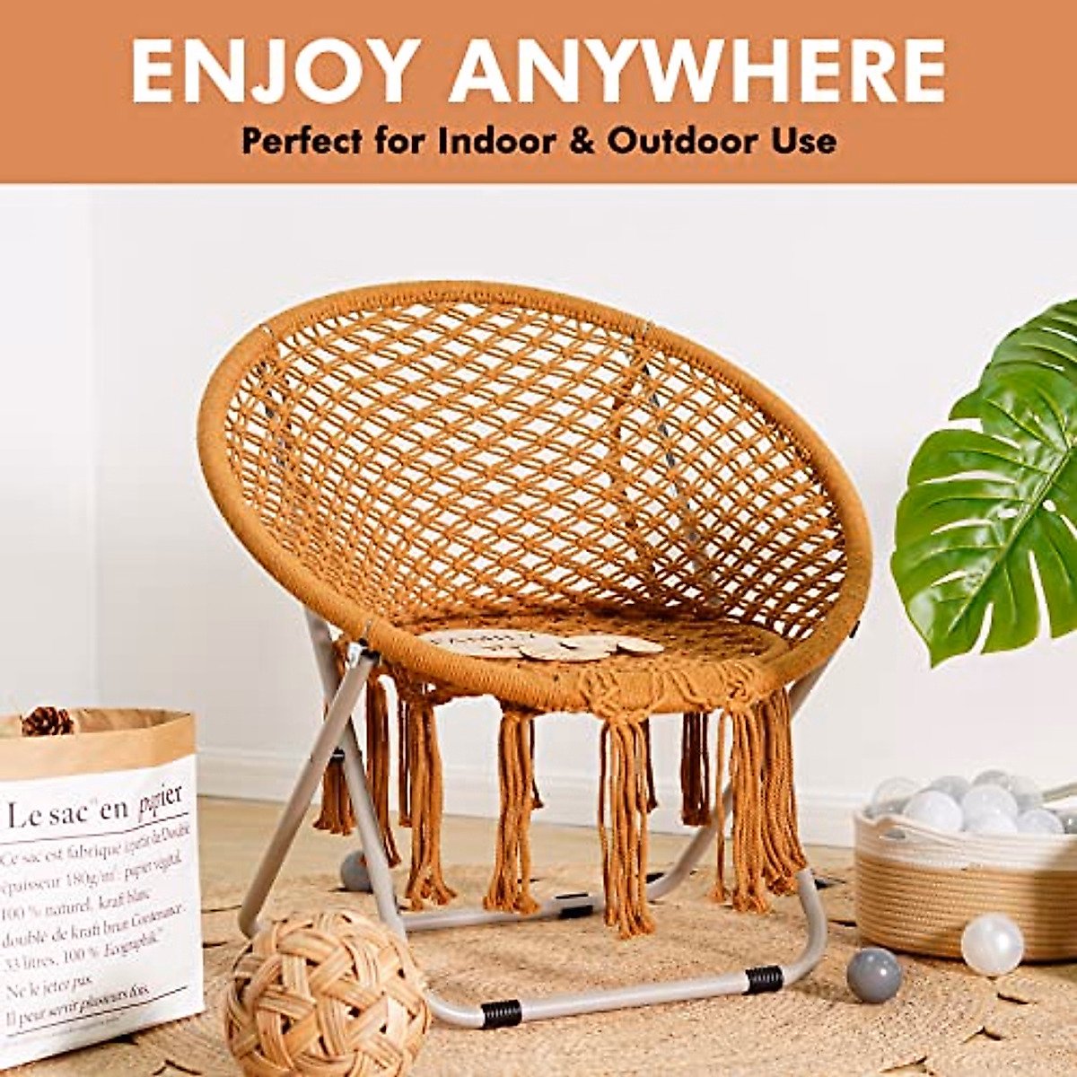 PASAMIC Boho Chair with Folding Metal Frame, 100% Cotton Handmade Round Cozy Chairs, Exquisite Comfy Chair for Bedroom, Living Room Décor Coffee