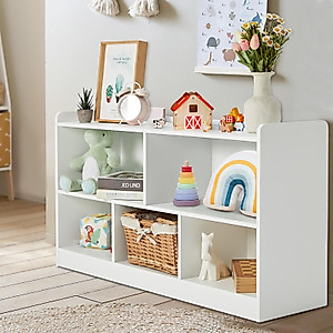 PTINFLUCE Montessori Shelf, Wooden Toy Storage Organizer for Books Toys, 2 Shelf Bookcase, 5-Section Storage Cabinet, Toddler Book Shelf for Kids Rooms, Playroom, Nursery, Kindergarten