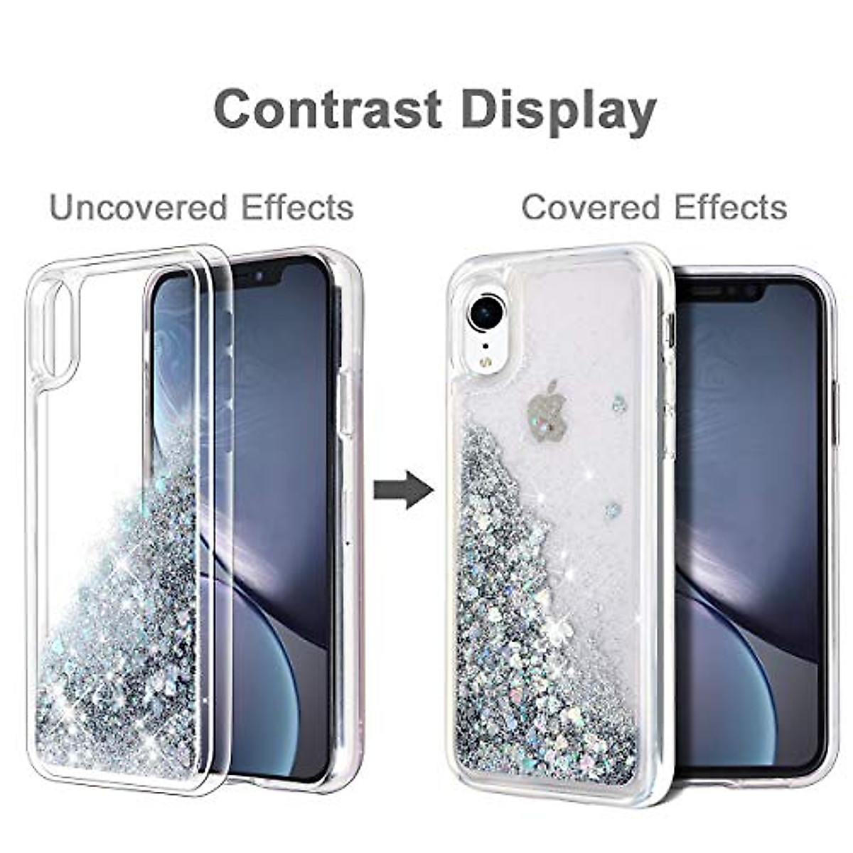 for iPhone XR Case, WORLDMOM Double Layer Design Bling Flowing Liquid Floating Sparkle Colorful Glitter Waterfall TPU Protective Phone Case for Apple iPhone XR [6.1 Inch 2018], Silver