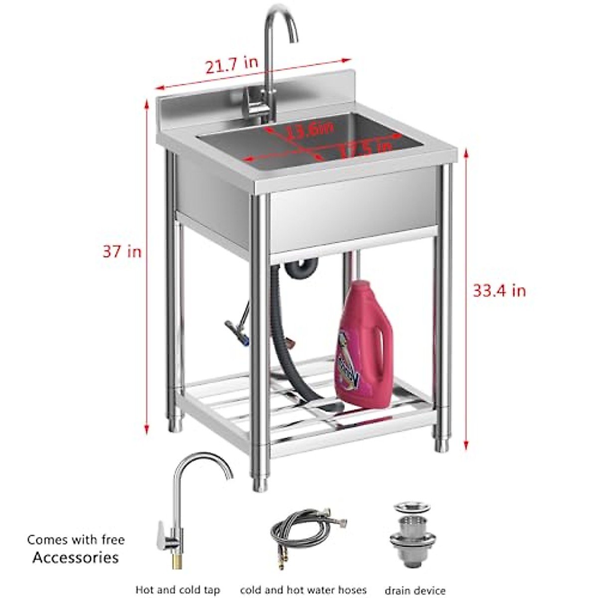 Stainless Steel Utility Sink, Free Standing Single Bowl Kitchen Sink with Cold and Hot Water Faucet, Commercial Sink for Restaurant Bar Cafe and Hotel, Indoor and Outdoor Sink, 21.7 in