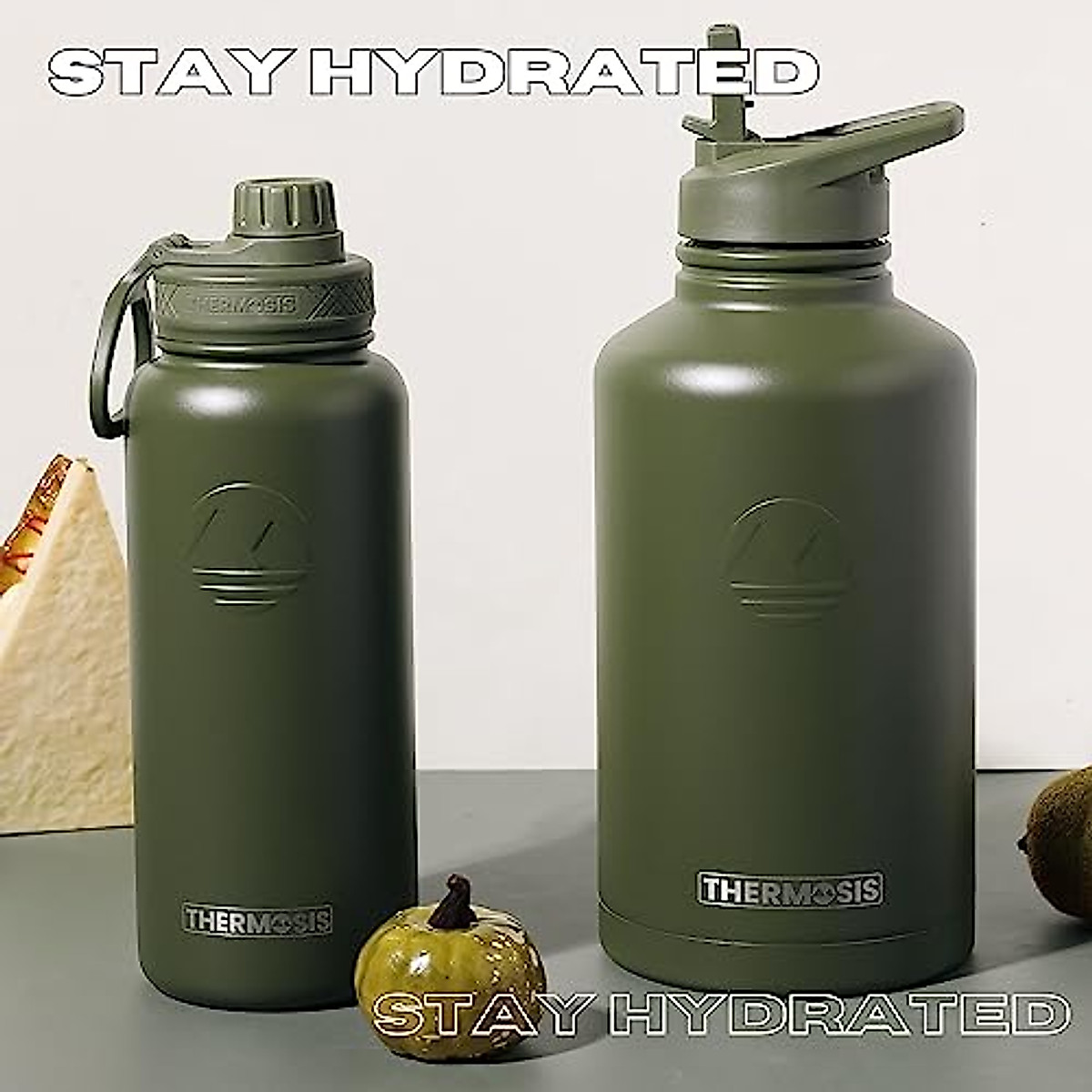Thermosis 32 oz Insulated Water Bottle With Straw, 1 Liter Stainless Steel Water Bottles with 2 Lids (Straw and Handle Lids). Wide Mouth Travel Metal Water Bottle for Sports and Gym - Army Green