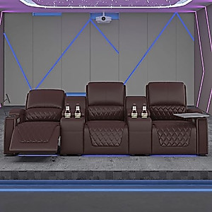 Home Theater Seats, Electric Recliner with USB Port and Cup Holder, Breathable Cowhide Double Sofa with Hidden armrest Storage Space, and Seats with Ambient Lighting (Coffee Color, Set of 3)
