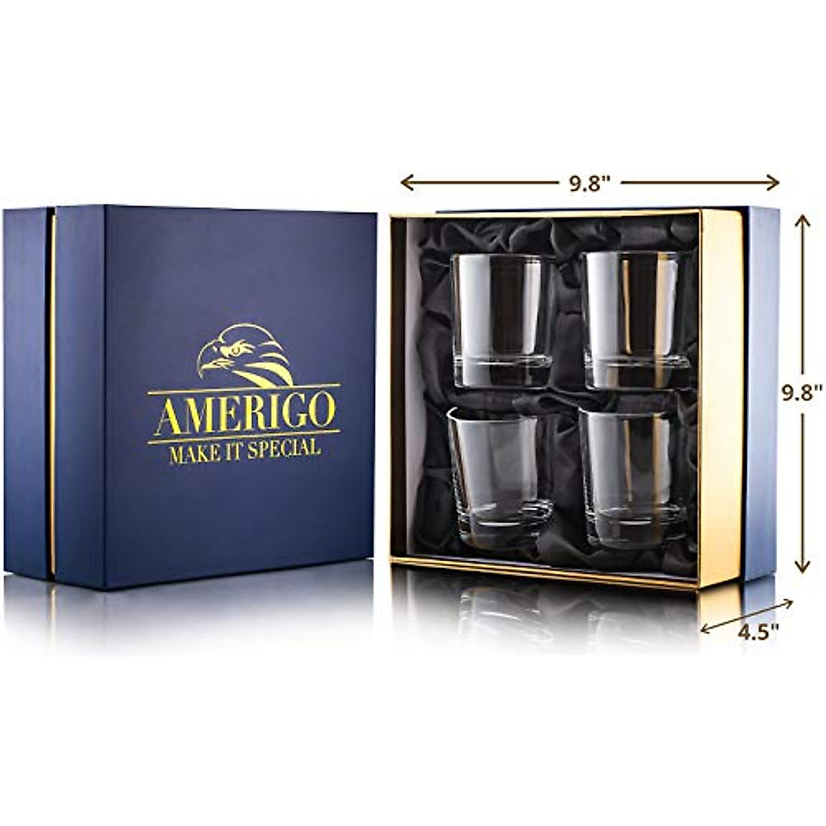 Amerigo Crystal Whiskey Glass Set of 4 in Luxury Gift Box - Heavy Base Old Fashioned Whiskey Glasses 12oz for Scotch - Whisky Gift for Men - Bourbon Glass Tumblers - Fathers Day Gift - Home Bar Set