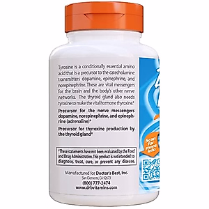 Doctors Best L-Tyrosine, 500 mg, Brain Transmitter Support, Non-GMO, Gluten Free 120 Veggie Caps
