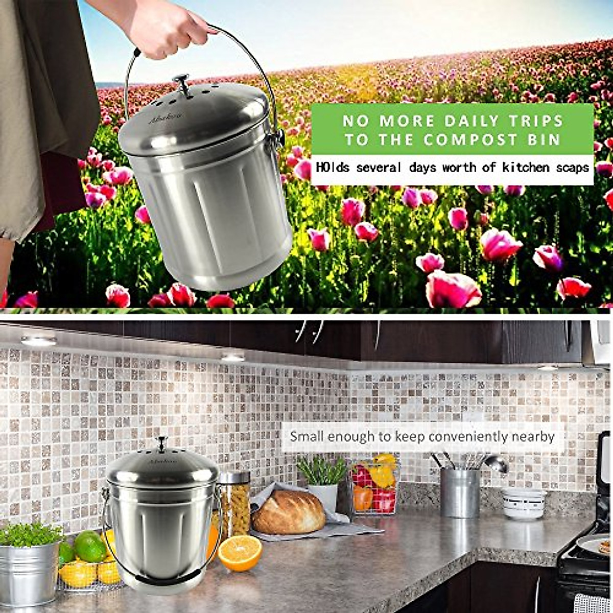 Abakoo Compost Bin 1.8 Gallon Stainless Steel - Abakoo 304 Stainless Steel Kitchen Composter - 2 Charcoal Filter, Indoor Countertop Kitchen Recycling Bin Pail