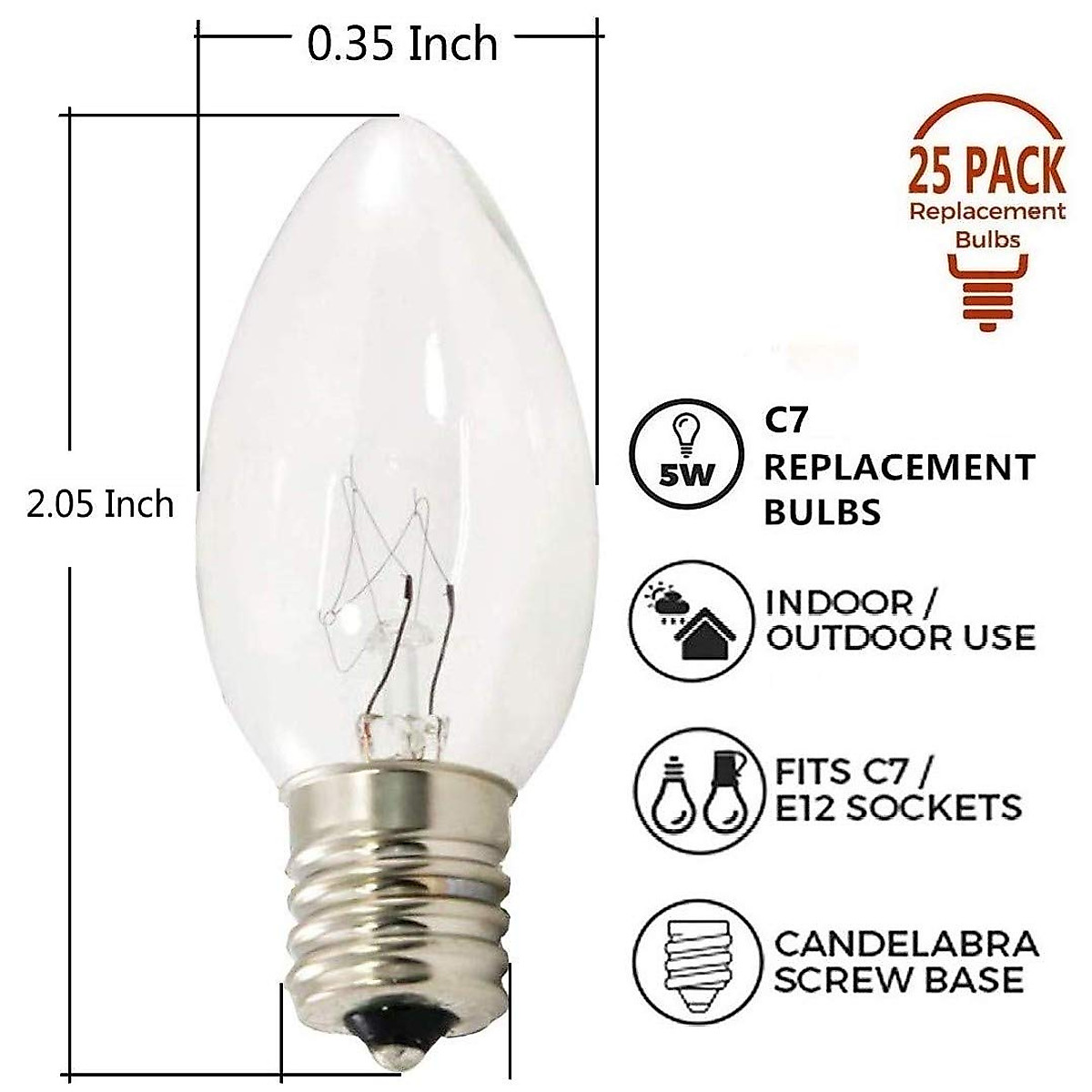 SUNSGNE 25 Pack C7 Clear Replacement Bulbs Christmas Light Bulbs, Outdoor Patio String Light Bulbs, C7 Night Light Replacement Bulbs, E12/C7 Candelabra Base, 5 Watt- Clear