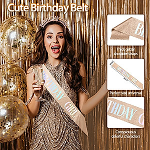 Birthday Sash Birthday Crown for Women, Birthday Girl Sash, Birthday Girl Crown, Glitter Rose Gold Birthday Sash and Crown Rhinestone Headband Set, Happy Birthday Girl Princess Tiara Sash Accessories