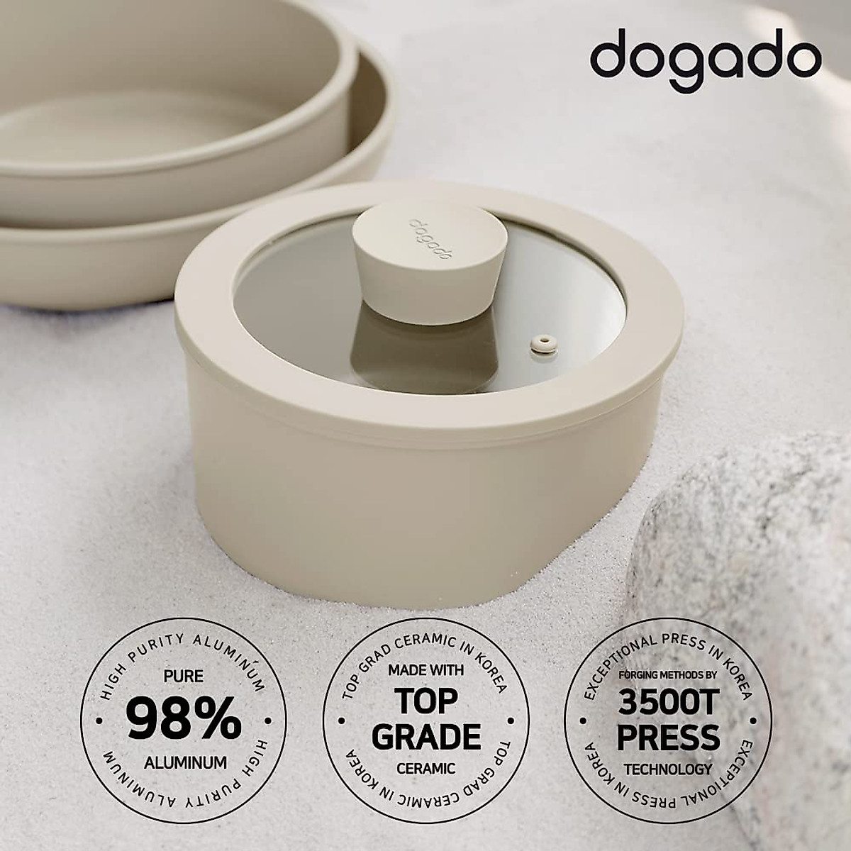 dogado Organic Cookware Set, Nonstick Ceramic 6 Piece, Stackable Pots and Pan, Detachable Removable Handle (Sand Beige)