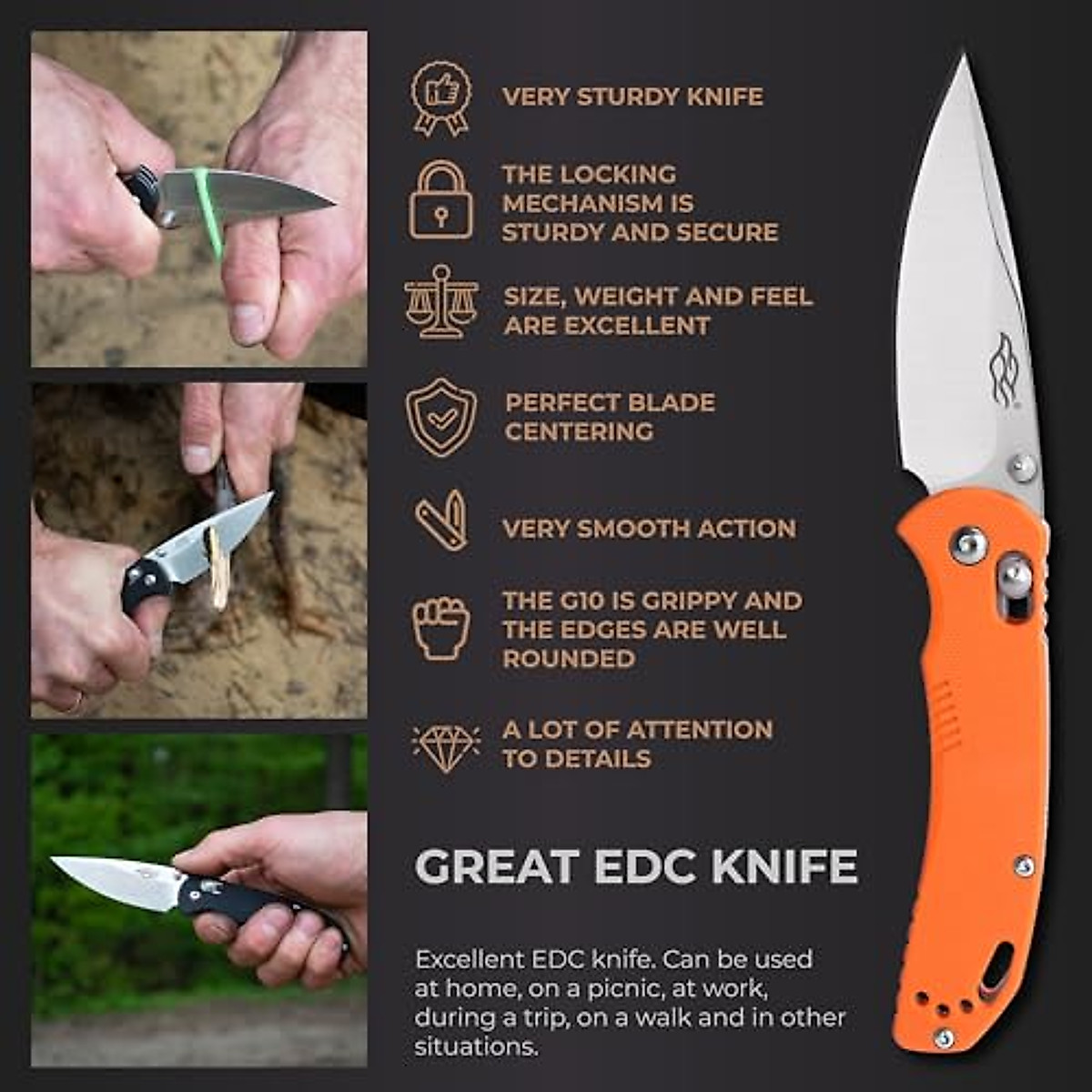 Firebird GANZO F753M1 Pocket Folding Knife G-10 Anti-Slip Handle with Clip 440C Stainless Steel Blade Camping Fishing Outdoor Folder EDC Knife (Orange)