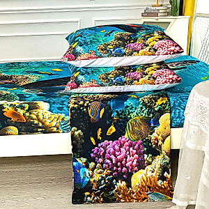CVHOUSE Sea Turtle Fitted Sheet,Ocean Bed Sheet Set Twin Size,Turtle Bedding Set for Boys Kids Girls,1 Flat Sheet & 1 Fitted Sheet with 2 Pillow Cases - 4 Piece