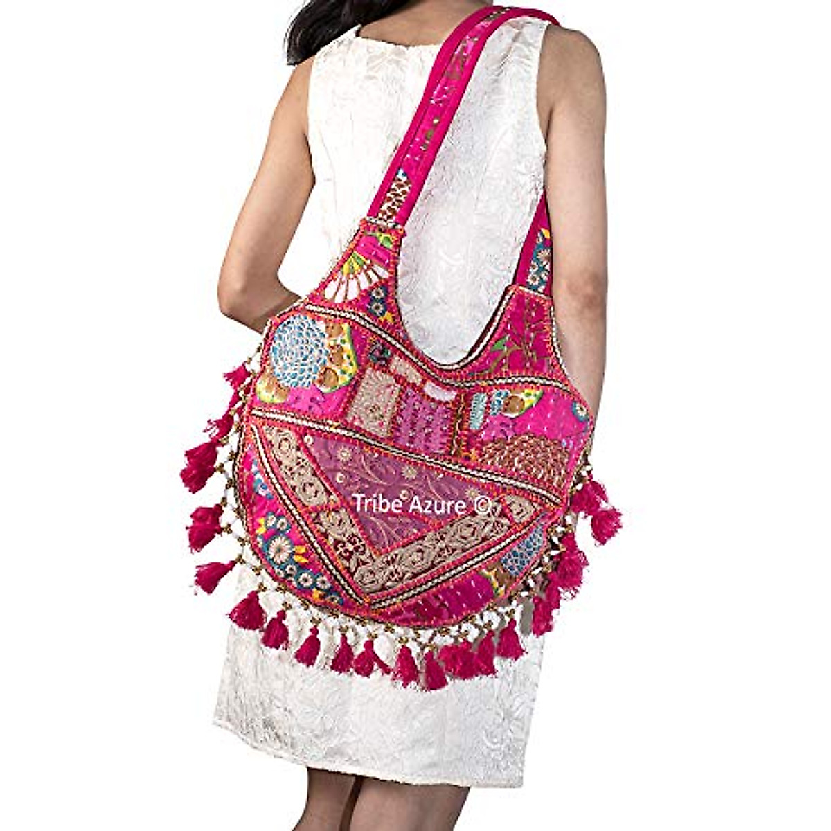 Tribe Azure Women Medium Shoulder Bag Tote Colorful Roomy Casual Boho Purse Travel Beach Top Handle Tassel Bright (PINK)