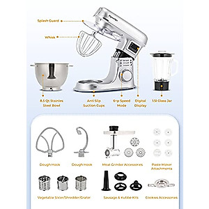 Flyseago Stand Mixer 8-IN-1 8.5 Qt Multifunctional Electric Kitchen Mixer 6 Speed Tilt-Head with Stainless Steel Bowl, 1.5L Glass Jar, Meat Grinder, Dough Hook, Whisk, Pasta Attachment