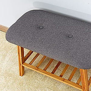 Knocbel 23.6in Bamboo Entryway Cushioned Shoe Bench with Slatted Shelf, 2-Tier Portable Shoes Storage Rack Organizer (Natural)