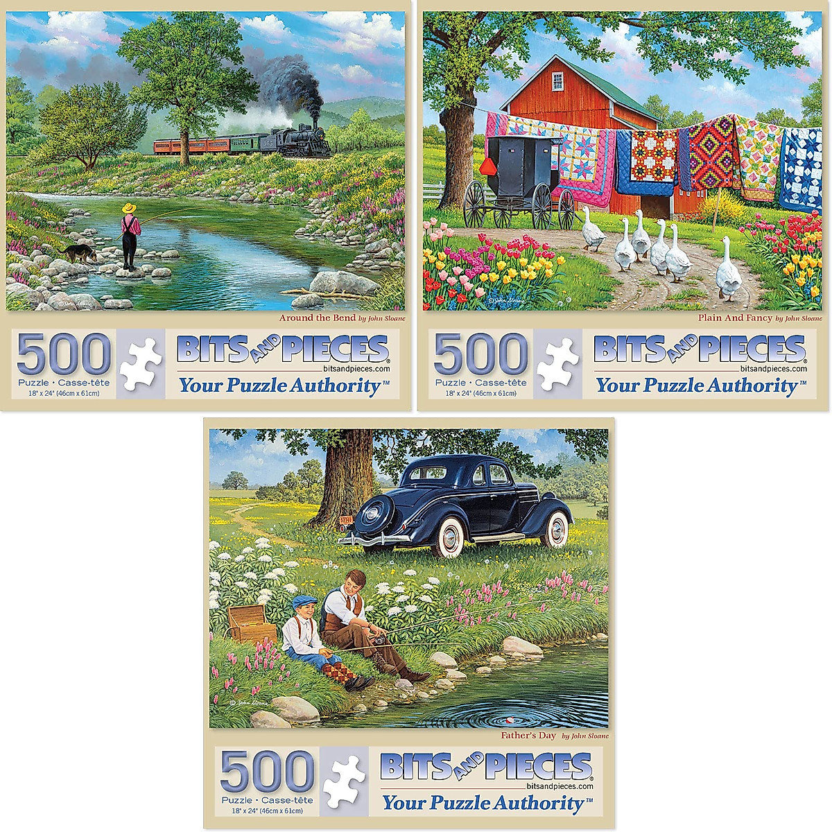 Bits and Pieces – Value Set of Three 500 Piece Jigsaw Puzzles for Adults – Around The Bend, Plain and Fancy, Father's Day Jigsaw Puzzles by Artist John Sloane, Completed Puzzle Size: 18" x 24"