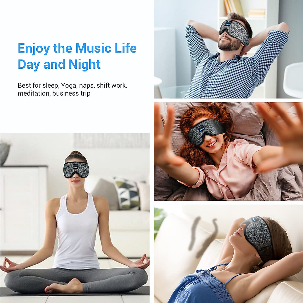 Bluetooth Sleep Eye Mask 3D Sleep Headphone with Headphones with Speakers and Microphone, Wireless Music Sleeping Eye Mask Washable Earbuds for Side Sleeper, Air Travel, Office Nap, Meditation (Grey)