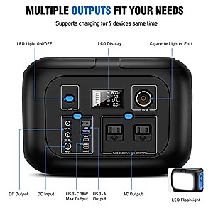 Portable Power Station 600W Power Bank 296Wh Solar Generator Lithium Battery Portable Generator Fast Charging with LED Light Battery Pack 9 Outputs Power Supply for Home Camping Emergency Backup