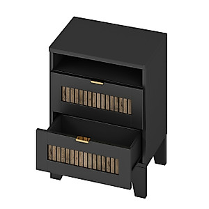 DEYOBED 4-Piece Bedroom Set, Queen Size Charming Farmhouse Platform Bed with Wooden Strip Accents, 2 Nightstands with Storage, Dresser with Metal Handles and Drawers, Queen, Black