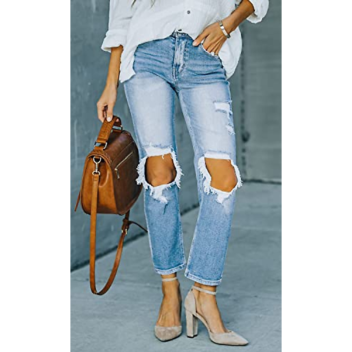 MINGALONDON Ladies Ripped Mom Jeans High Waisted Distressed Stretchy Boyfriend Denim Pants Light Blue L