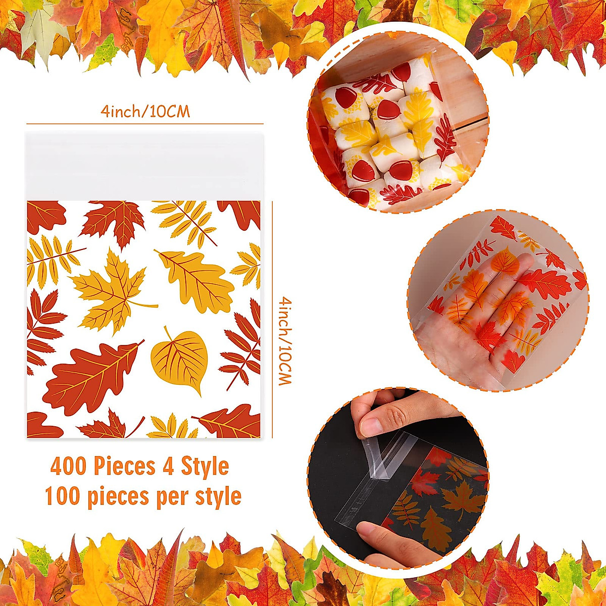 Whaline 400Pcs Fall Cellophane Bag 4 Styles Plastic Pumpkin Maple Leaf Self-adhesive Cello Bag Thanksgiving Goodie Treat Bag Candy Snack Bags Bulk for Thanksgiving Party Favor Autumn Party Supplies