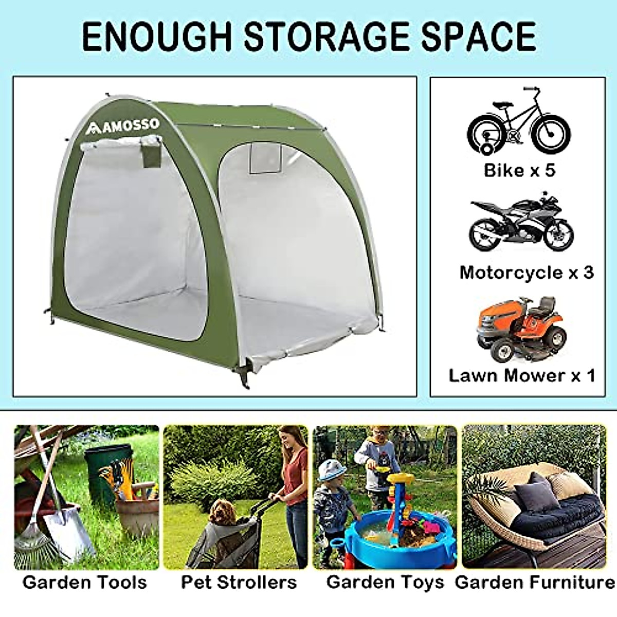 AMOSSO 4 or 5 Bike Shed Tent, Extra Thick 210D Silver Coated Oxford Waterproof & Sunproof, Double Side Opening Portable Storage Sheds Outdoor with Floor for Motorcycle, Bicycle, Garden Tools, Green
