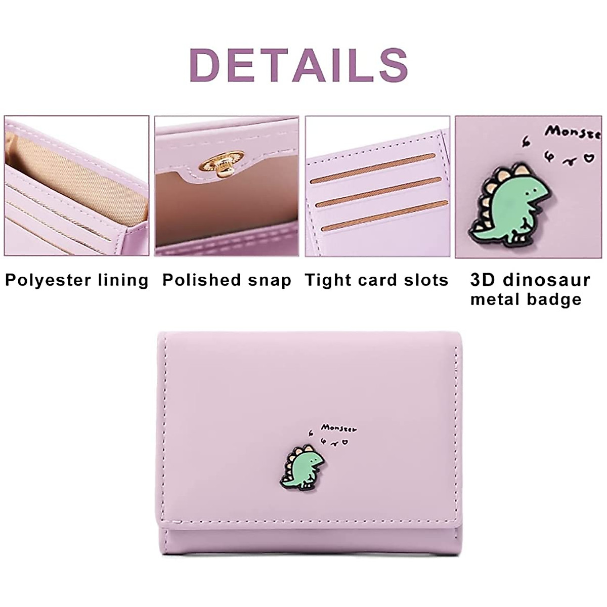 YaJaMa Cute Dinosaur Metal Badge Women Wallet PU Leather Small Slim Trifold Girls Credit Card Case Holder Organizer Purse with ID Window (Purple)