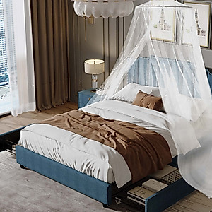 Queen Size Upholstered Platform Bed Frame with 2 Storage Drawers & Adjustable Rivets Headboard, Linen Bed Frame with Extra Dome Bed Canopy for Boys Girls Teens, No Box Spring Needed (Blue)