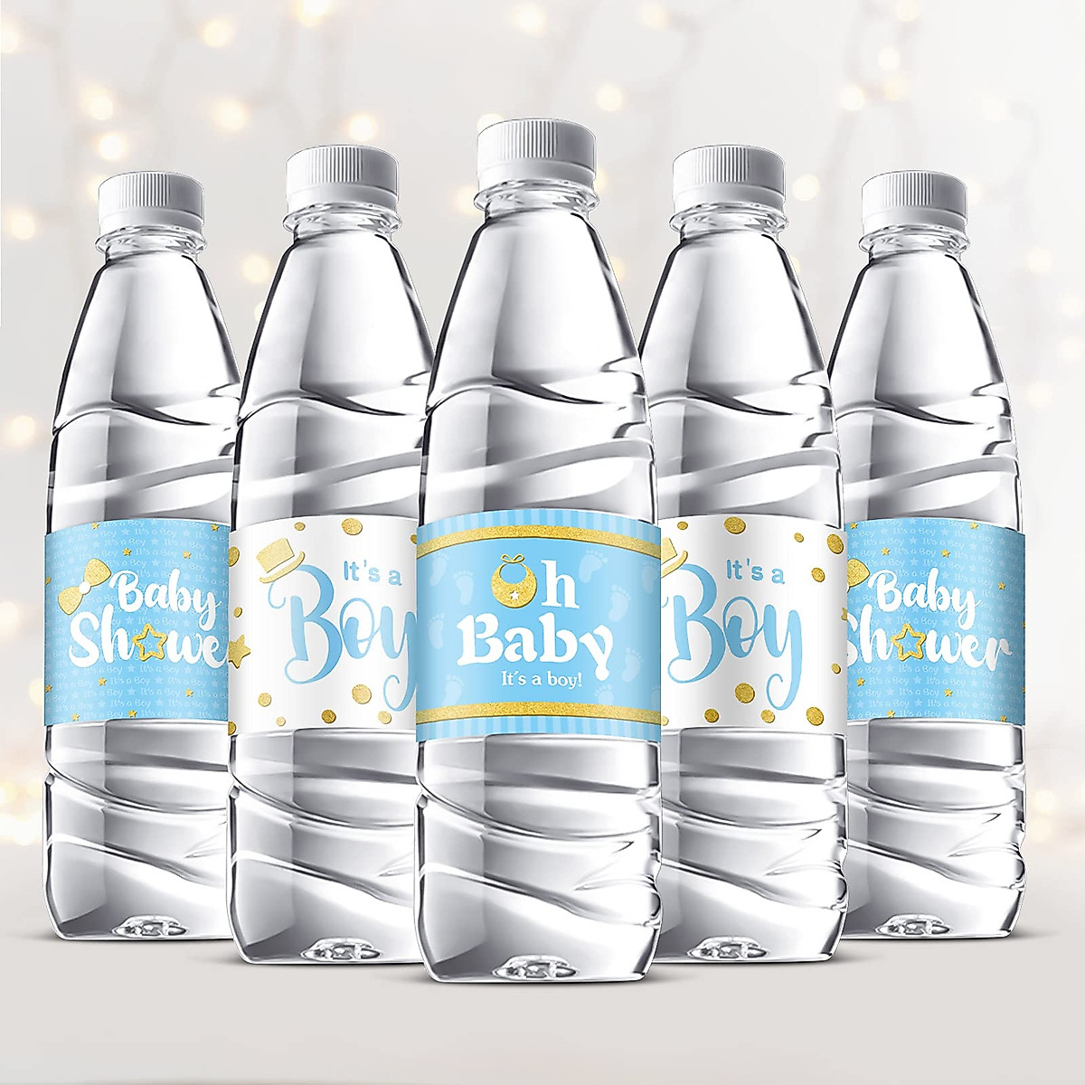 39 Pieces Baby Shower Water Bottle Labels Shower Water Bottle Stickers Wrappers Waterproof Baby Shower Labels for Baby Shower Party Decoration (Blue Boy Style)