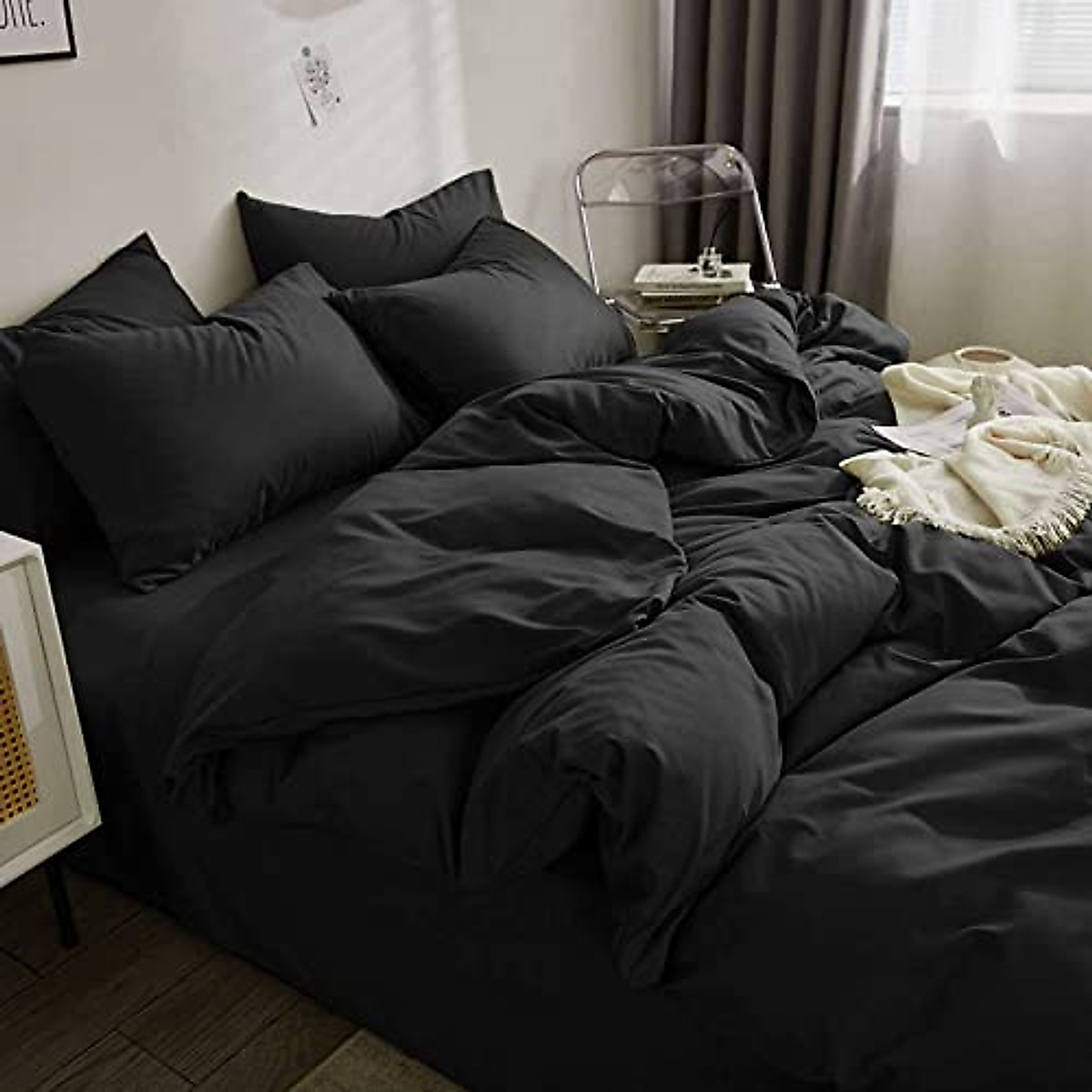 Nanko Queen Duvet Cover Set Black 3pc 90x90 Luxury Microfiber Down Comforter Quilt Bedding Cover with Deco Buttons Zip Closure Ties - Modern Style for Men and Women Chambray Teen