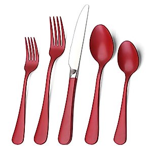 Red Silverware Set, Bysta 20-Piece Stainless Steel Flatware Set, Kitchen Utensil Set Service for 4, Tableware Cutlery Set for Home and Restaurant, Knives mirror polish, Dishwasher Safe
