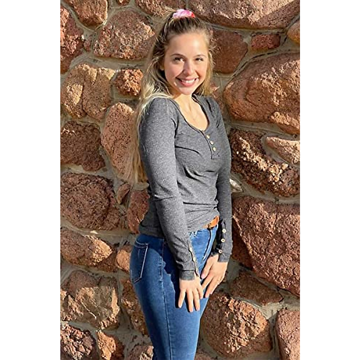 Kissfix Long Sleeve Shirts for Women 2023 Fall Fashion Clothes Sweaters Outfits Button Down Juniors Henley Tops Ribbed Knit Blouses Trendy Tshirts Black Grey