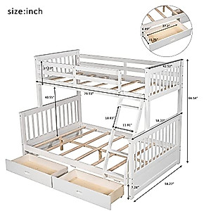 JJRY Twin-Over-Full Bunk Bed can be Divided into Two Individual beds, Wood Bed Frame with Inclined Ladder and Two Storage Drawers (White)