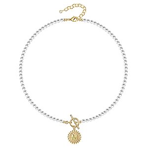 Initial Choker Pearl Necklace for Women, 14K Gold Plated Handmade 4MM Simulated Pearl Necklace Choker Dainty Toggle Clasp M Initial Coin Pendant Pearl Necklace Jewelry Gifts for Women (M)