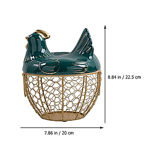 Hemoton Metal Wire Egg Basket Chicken Egg Storage Skelter Basket with Ceramic Farm Chicken Cover Egg Holder Organizer Container