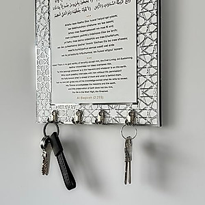 iwa concept Ayatul Kursi Home Key Holder, Islamic Wall Art, Mihrab Deisgn, Protection Dua (White Panel, Silver Acyrlic, Large)