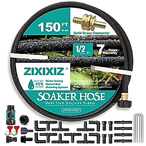 Soaker Hose 150 FT,1/2" Heavy Duty Soaker Garden Hose with Solid Brass Connector for for Garden Vegetable Beds, Tree,Lawn and Plants