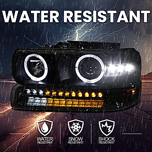 Spec-D Tuning Smoke Lens LED Halo Projector Headlights + LED Bumper Lights Compatible with 1999-2002 Chevy Silverado 1500/1500HD/2500/2500HD/3500 Left + Right Pair Headlamps Assembly