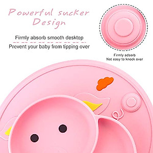 Qshare Toddler Plates, One-Piece Baby Plate for Toddlers and Kids, BPA-Free Strong Suction Plates for Toddlers, Dishwasher and Microwave Safe Silicone Placemat (PigPink/DuckCyan)