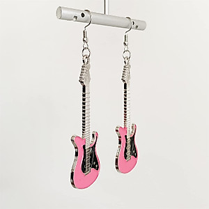 JIUIQL Fashion Cute Metal Black White Music Bass Electric Guitar Dangle Drop Earrings for Women Music Lovers teacher singer Hypoallergenic Personalized Jewelry Gifts (Pink)