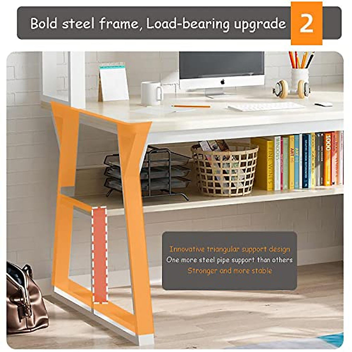 QQXX Computer Desk with Hutch and Bookshelf,47 inch Large PC Table with Metal Legs,Home Office Table Desk with Storage Shelves,Study Writing Workstation,Easy Assemble,White,31x20x29inch