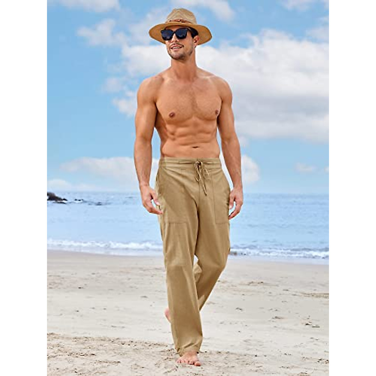 Enjoybuy Men Linen Drawstring Pants Beach Golf Elastic Waist Spring Long Casual Loose Summer Yoga Cotton Jogger Trousers 1