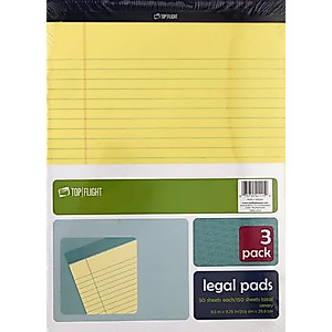 Top Flight Legal Pad, 8.5 x 11.75 Inches, 0.375 Inch Rule, Canary, 50 Sheets per Pad, 3 Pads per Pack (4513108)