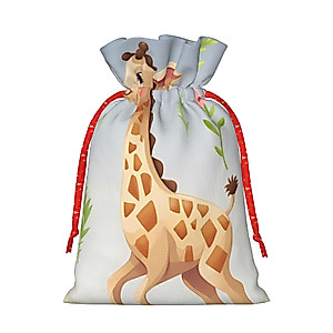 RLDOBOFE Cute giraffe print Christmas Gift Bag Christmas Drawstring Bag Reusable Gift Wrapping Goody Gift Bags with Gift Tag Present Storage Bag for Christmas Thanksgiving Wedding Party