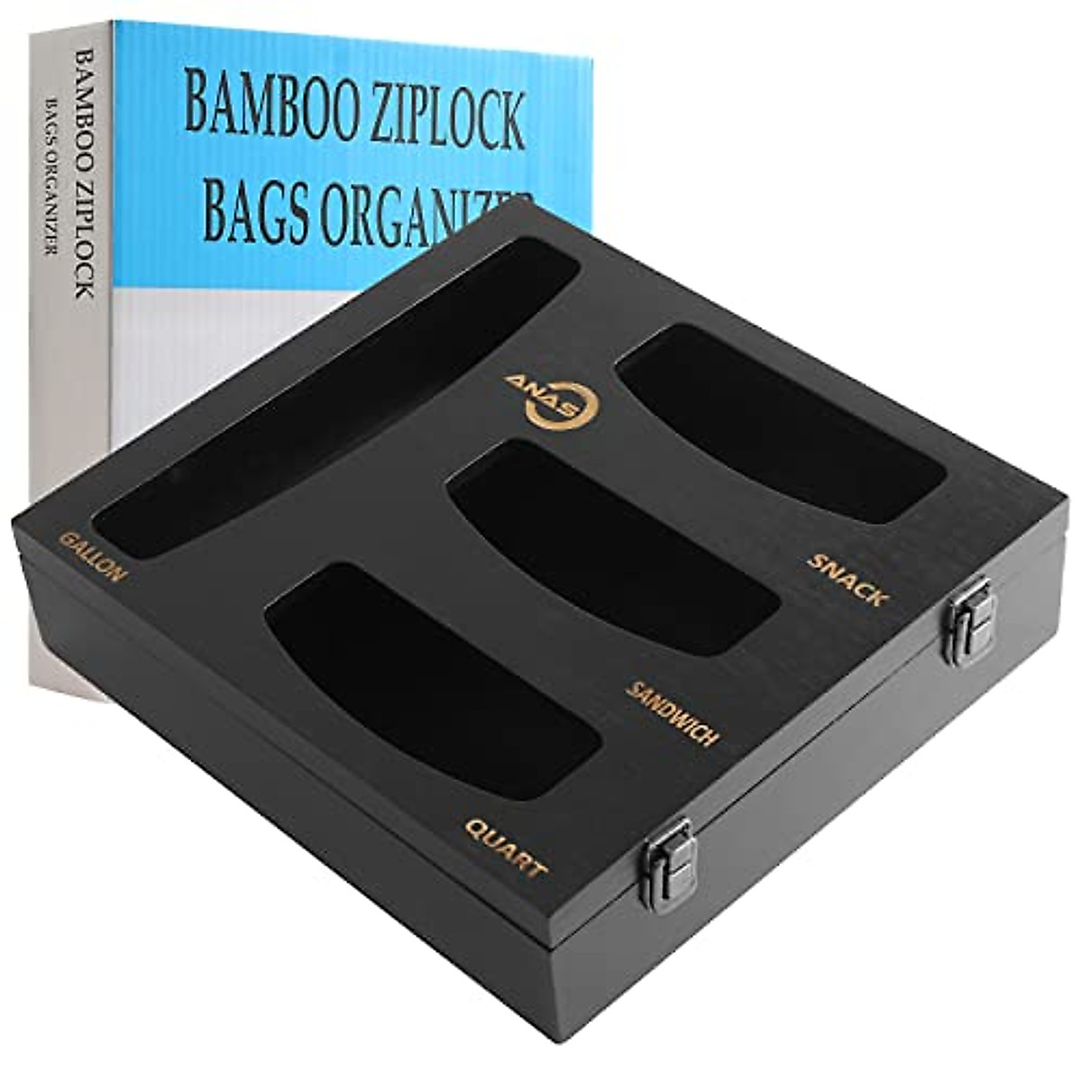 ANAS Bamboo Ziplock Bag Storage Organizer -Food Baggie Holder for Gallon, Quart, Sandwich & Snack Variety Size Bags-Zip Lock Bag Organizer for Kitchen Drawer with Extra 20 Ziplock Bags