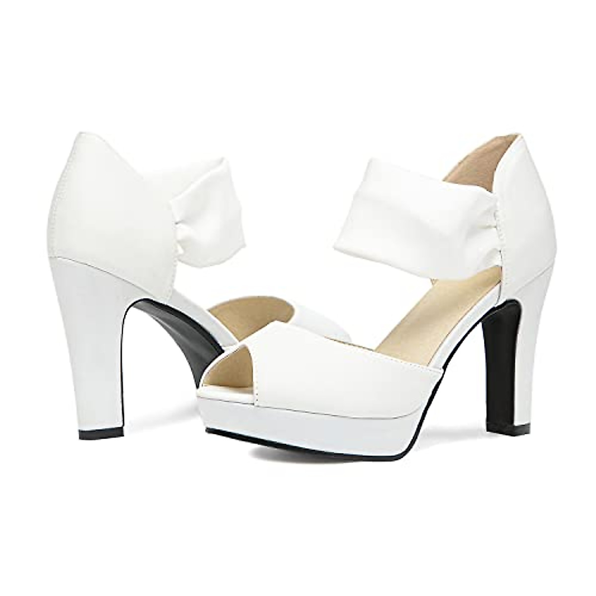 GATUXUS Women's Chunky High Heels Sandals Open Toe Platform Ankle Strappy Sandals Dress Shoes (US7, White)