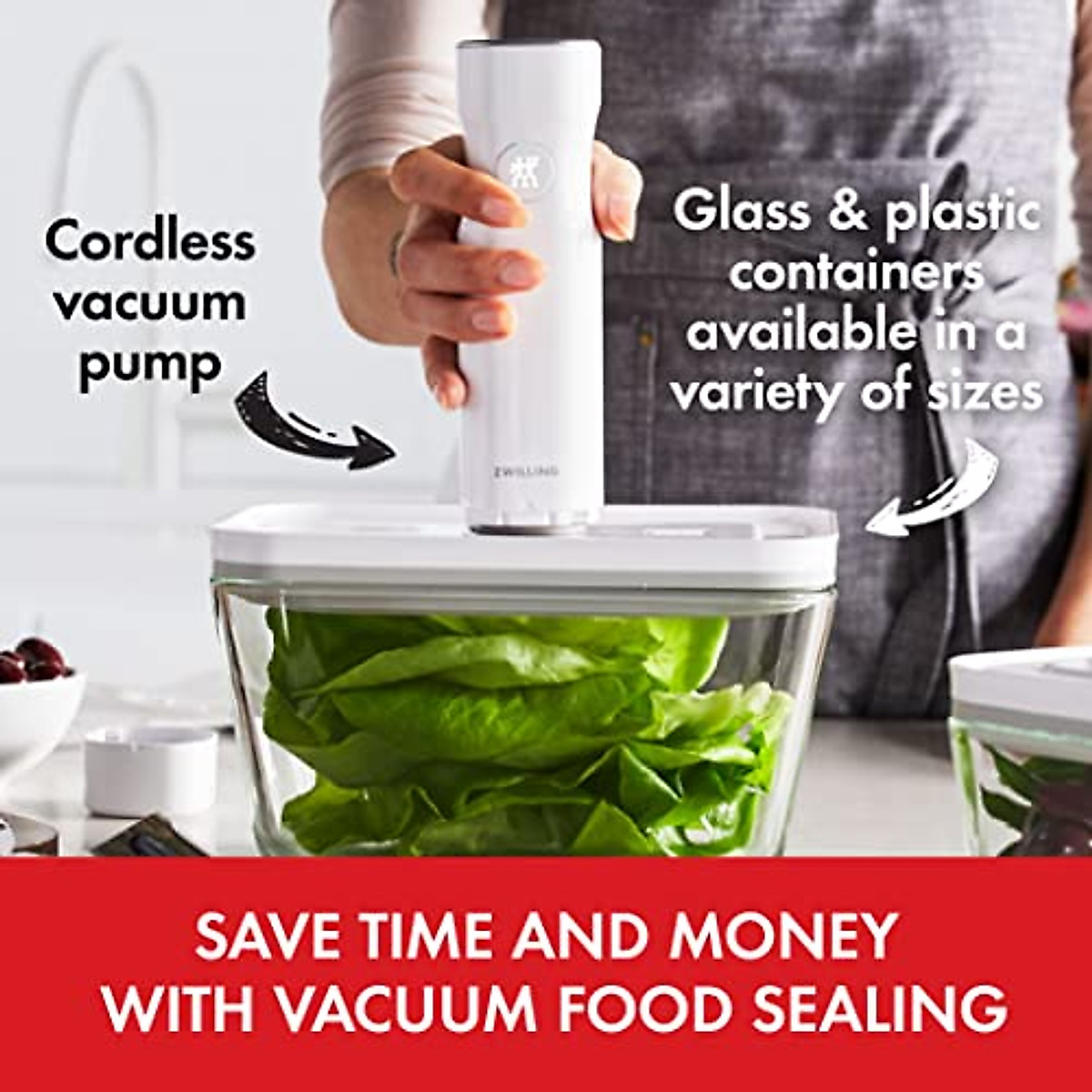 ZWILLING Fresh & Save Vacuum Sealer Machine Starter Set with Airtight Food Storage Container Glass, Sous Vide Bags, Meal Prep